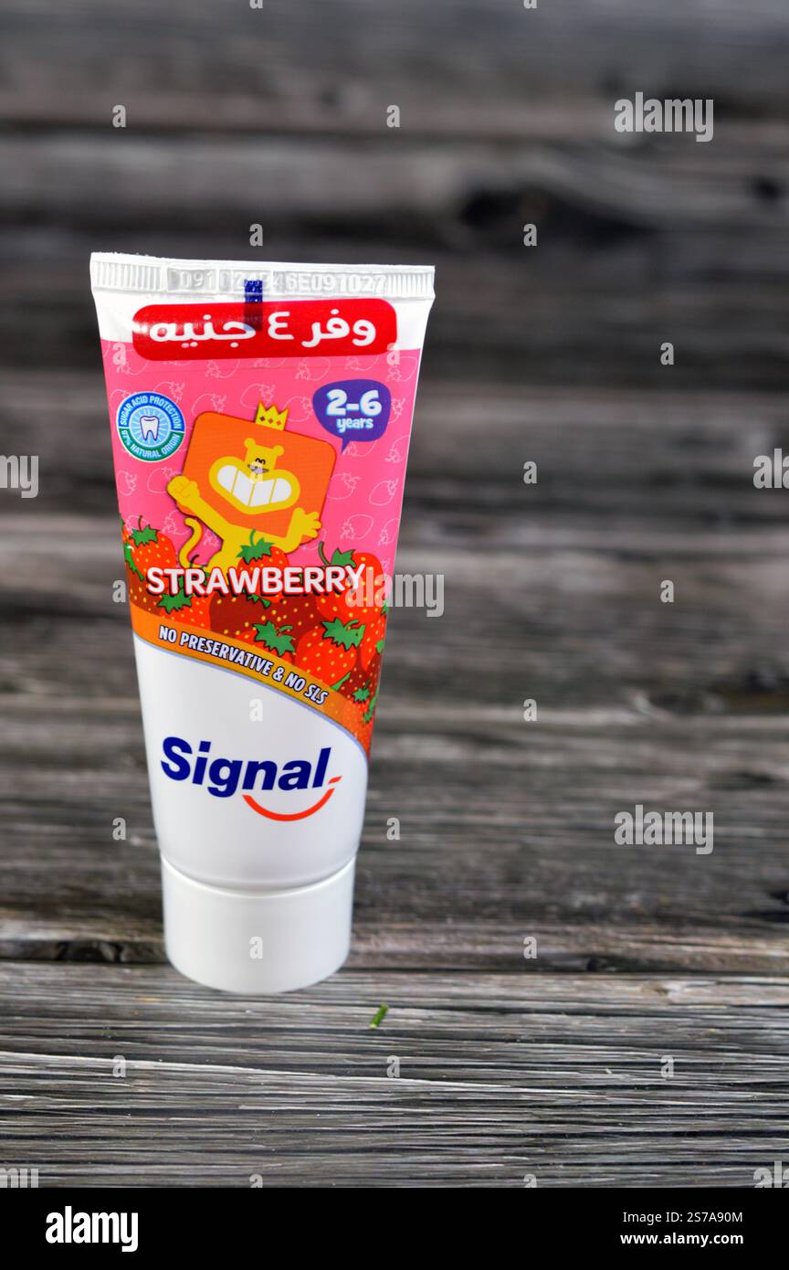Cairo, Egypt, January 11 2025: Signal toothpaste strawberry kids ...