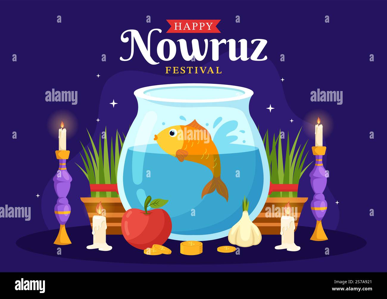 Happy Nowruz Day or Iranian New Year Illustration with Grass Semeni and ...