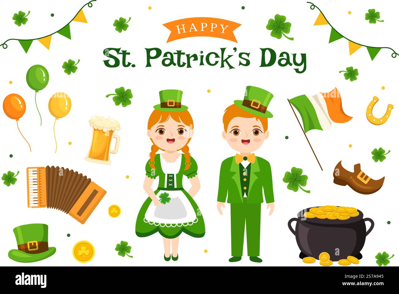 Happy St Patricks Day Illustration with Kids, Golden Coins, Green Hat ...
