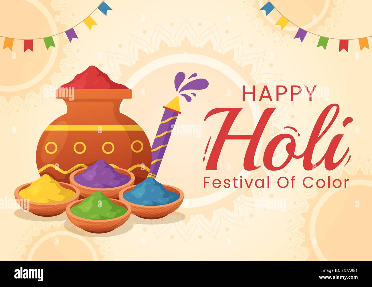 Happy Holi Festival Illustration with Colorful Pot and Powder In Hindi ...