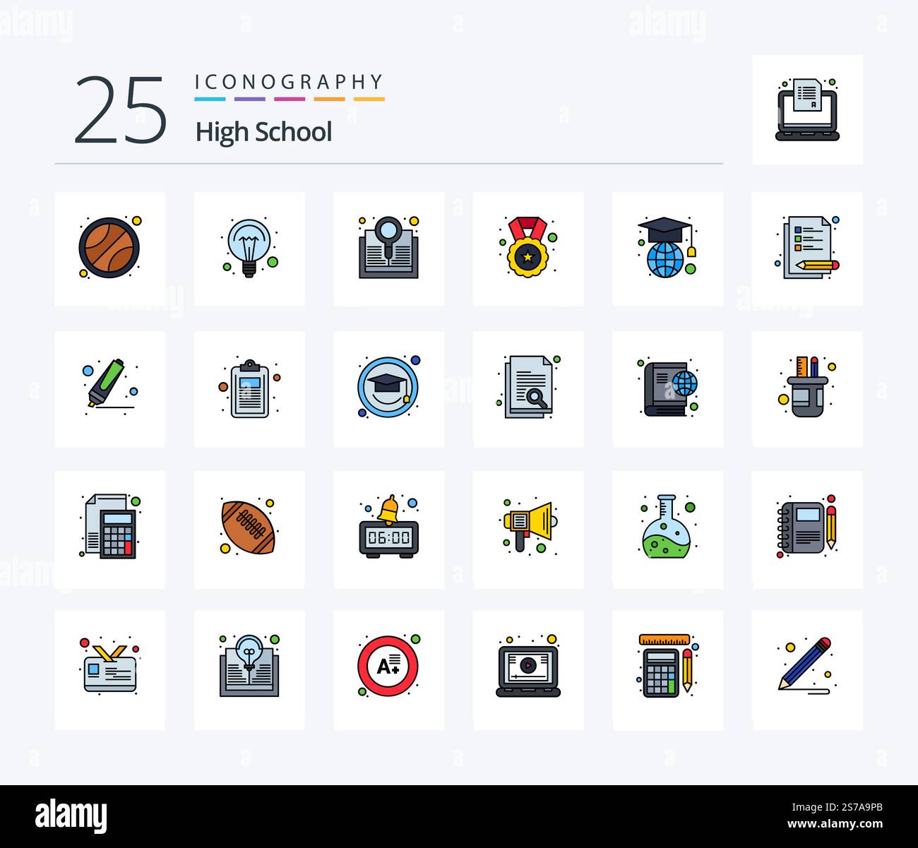 High School 25 Line Filled icon pack including geography. badge. book ...