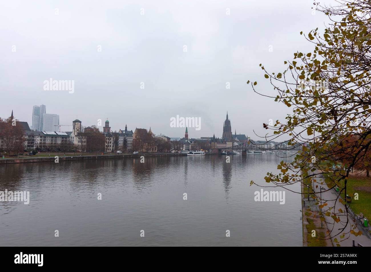 A view of the Frankfurt am Main skyline, featuring the Main River ...