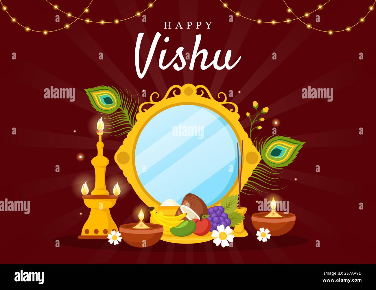 Happy Vishu Festival Illustration with Traditional Kerala Kani, Fruits ...
