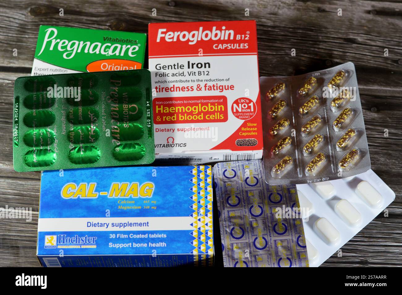 Cairo, Egypt, January 2 2025: various drugs used in pregnancy as vitamins and minerals to ...