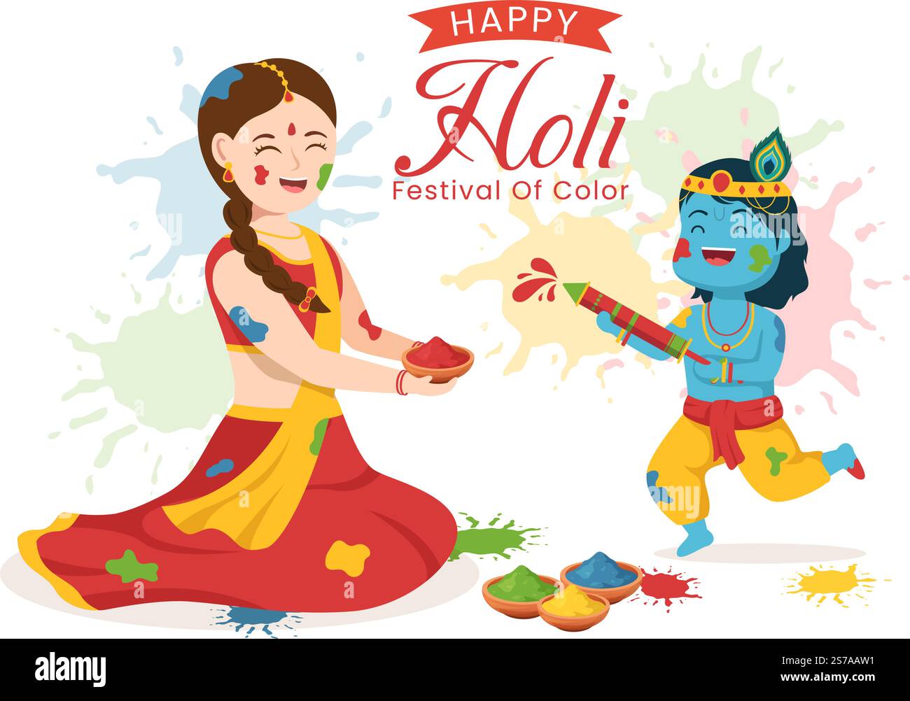 Happy Holi Festival Illustration with Colorful Pot and Powder In Hindi ...