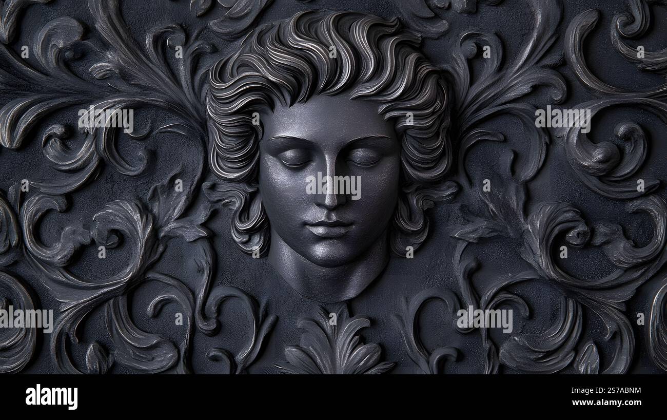 Classic Medusa head motif paired with floral baroque swirls in metallic ...