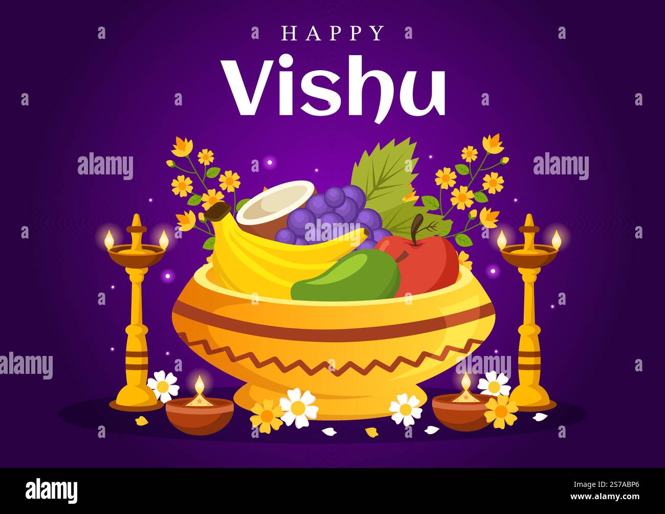 Happy Vishu Festival Illustration with Traditional Kerala Kani, Fruits ...