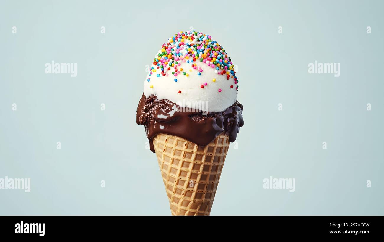 Delicious chocolate-coated ice cream cone topped with a generous ...