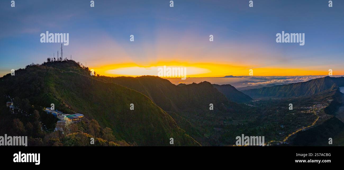 Aerial view the first light shine on Bromo volcano group. Amazing View ...