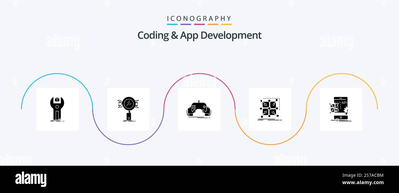 Coding And App Development Glyph 5 Icon Pack Including framework. research. app. mobile Stock ...