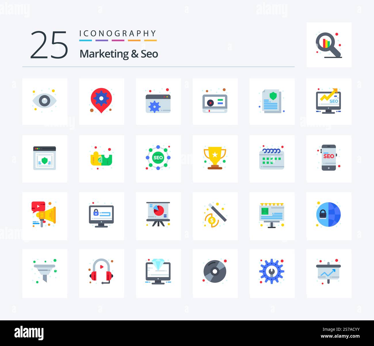 Marketing And Seo 25 Flat Color icon pack including document. guarantee. setting. youtube ...