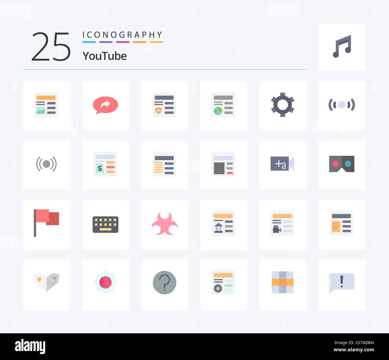 Youtube 25 Flat Color icon pack including gear. ui. basic. globe. basic ...