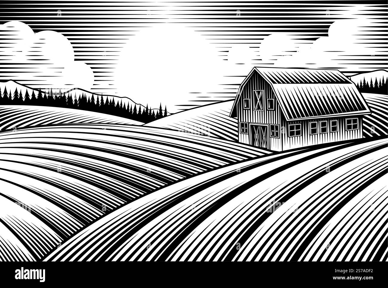 Farm Barn And Rolling Hills Vintage Woodcut Style Stock Vector Image ...