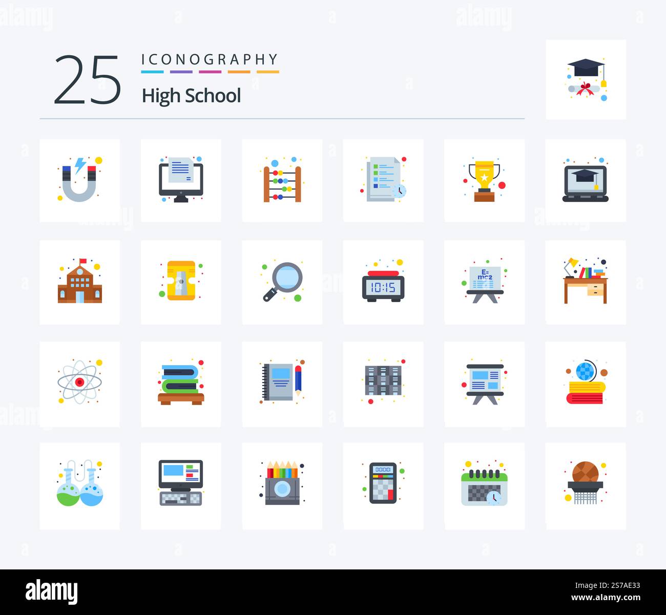 High School 25 Flat Color icon pack including cup. study timetable ...