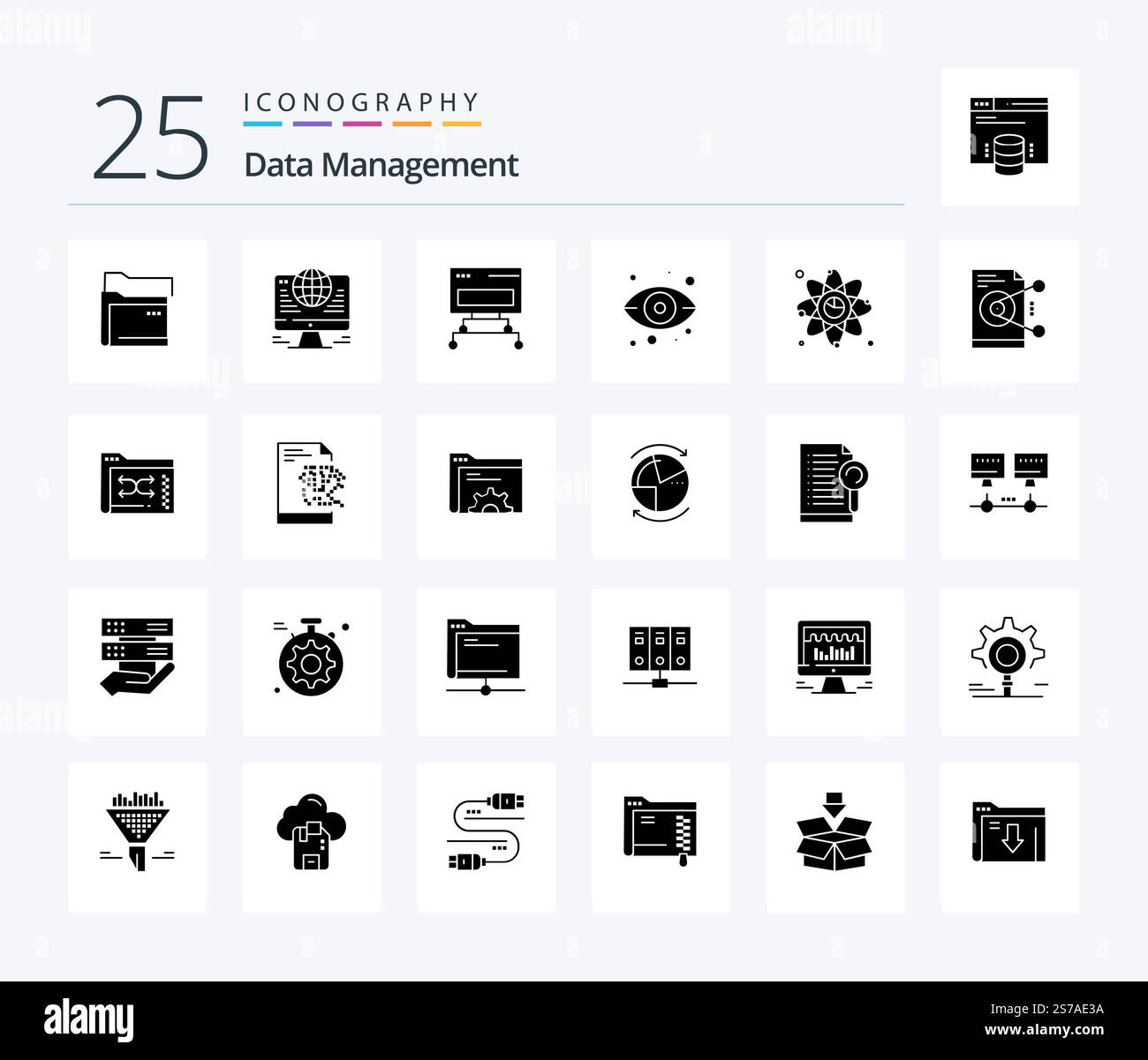 Data Management 25 Solid Glyph icon pack including server . globe ...