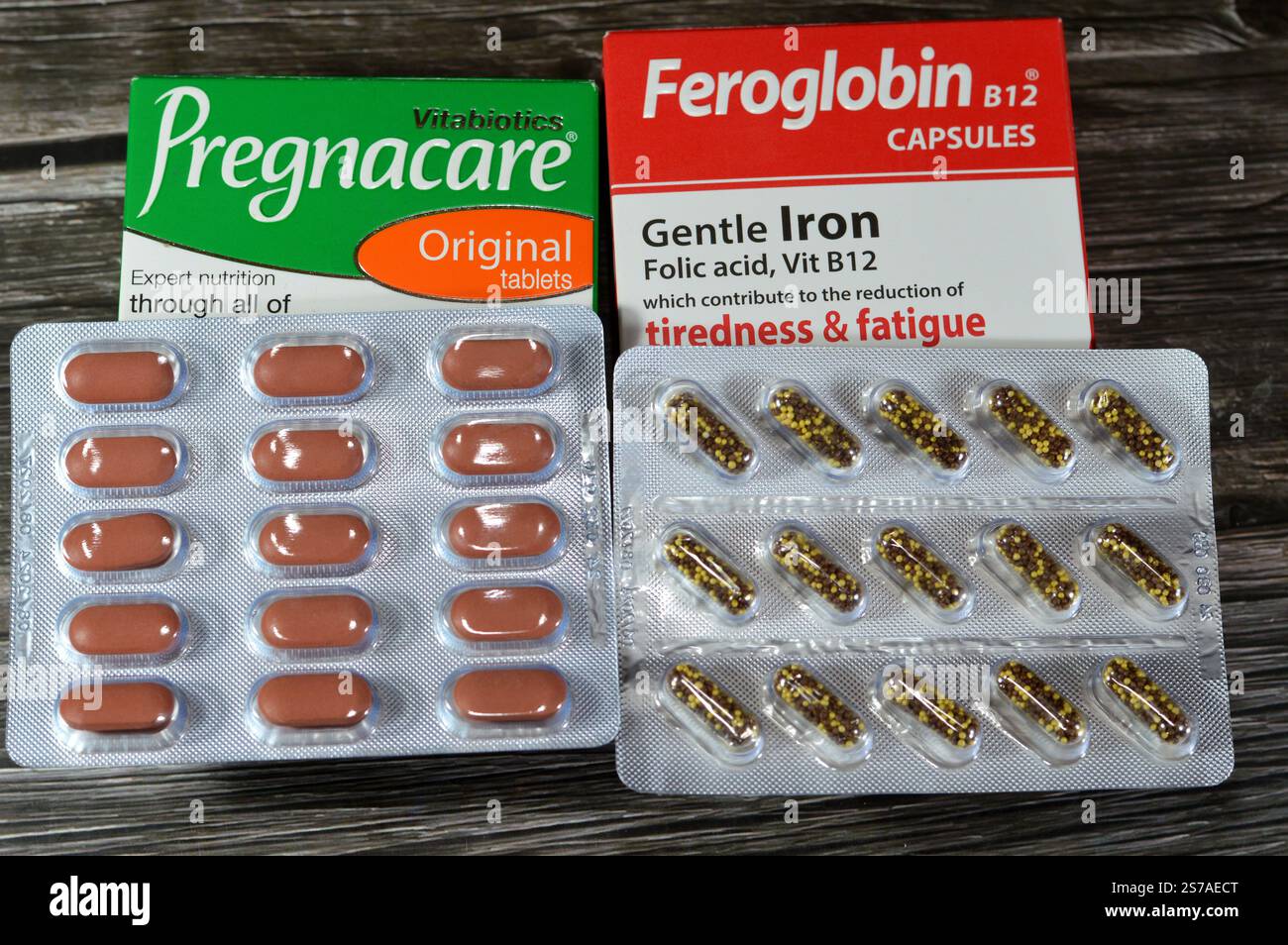 Cairo, Egypt, January 2 2025: Vitabiotics CO vitamins of Feroglobin and Pregnacare, gentle iron ...