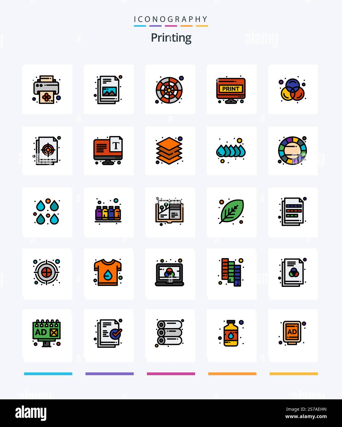 Creative Printing 25 Line FIlled icon pack Such As design. screen page ...