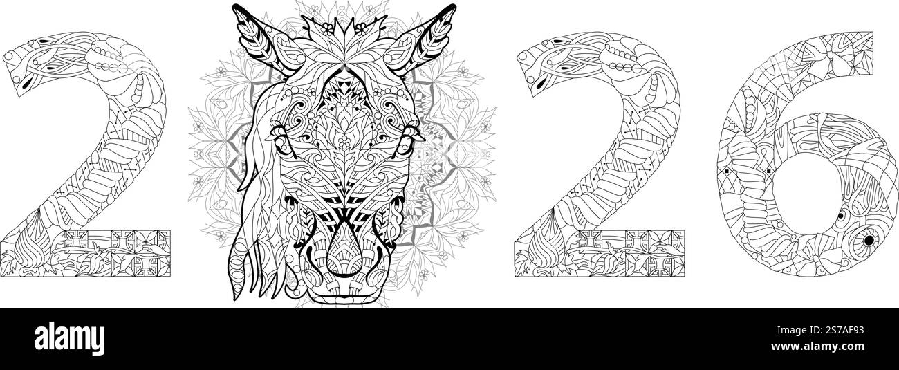 Hand drawn zentangle horse number 2026 for coloring, for t-shirt and ...