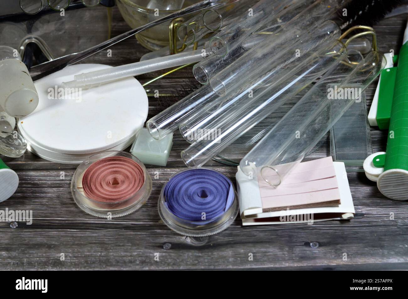 Various laboratory set of different equipment, safety goggles, Litmus ...