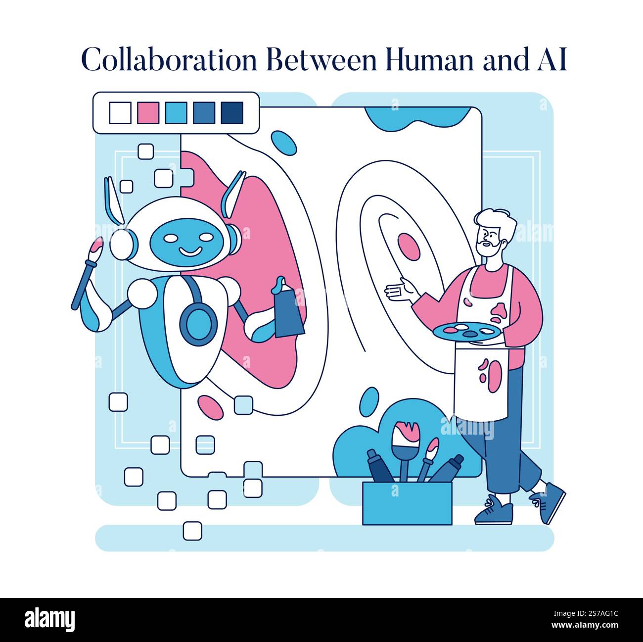 Human-AI Collaboration concept. An artist and a robot partner up in ...