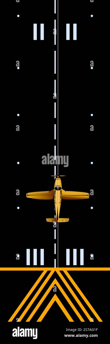 A small gold airplane sits centered on a dark runway with white markings, approach lights, and ...