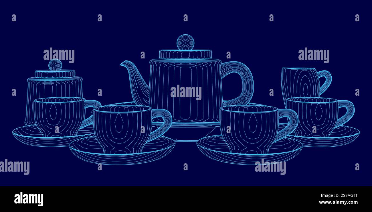 Blue image of a tea set with a teapot, cups, and saucers. The teapot is positioned in the center ...