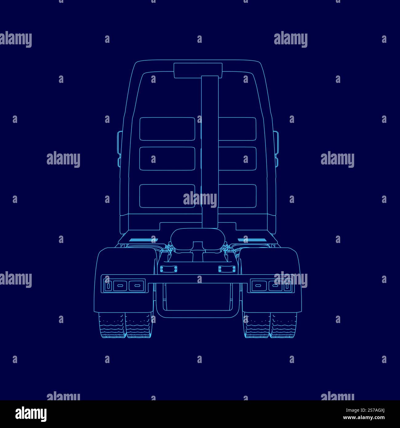 Blue drawing of a semi truck. The truck is a semi truck and is shown ...