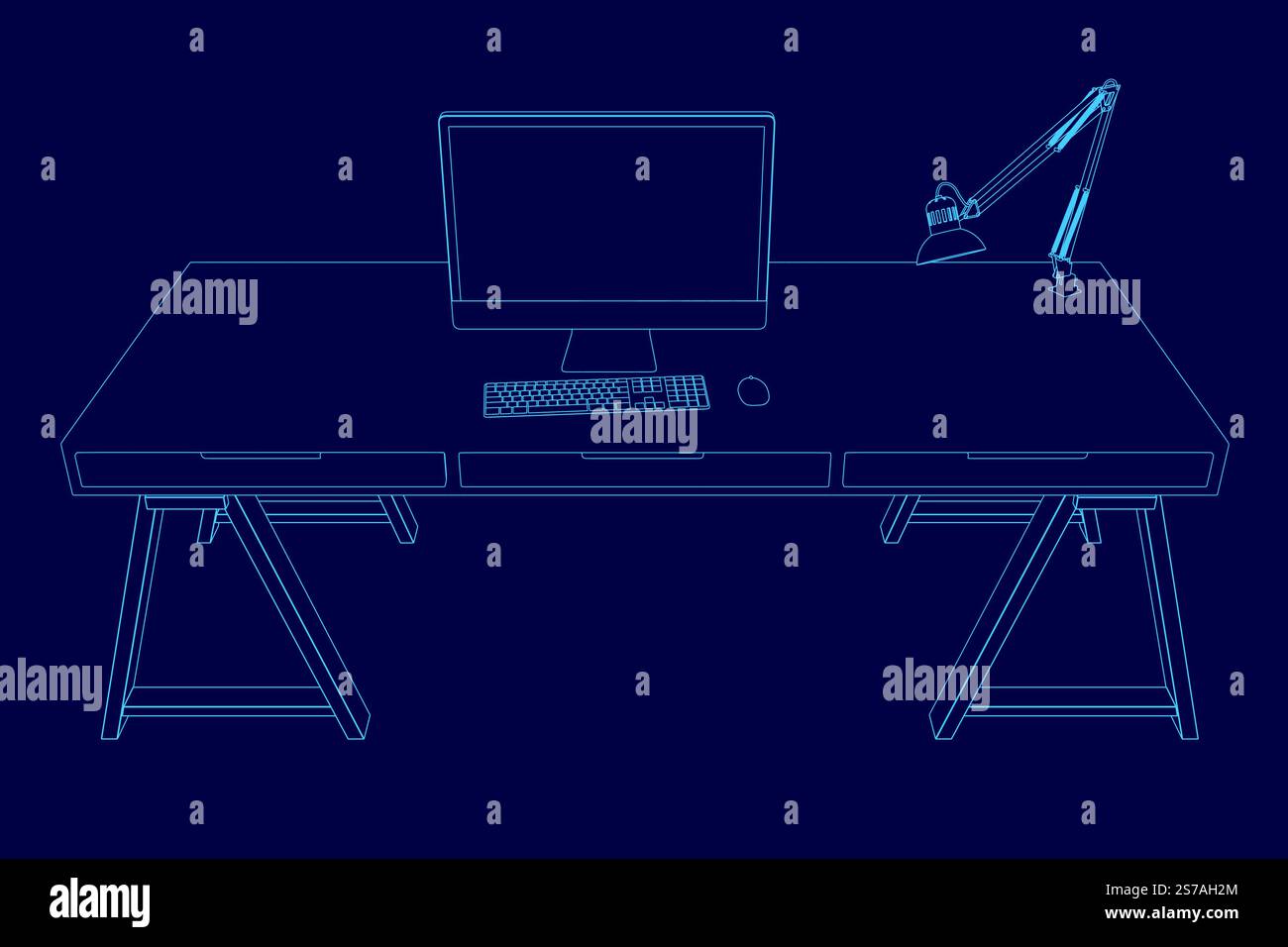 Computer desk with a monitor and keyboard on it. The desk is blue and ...