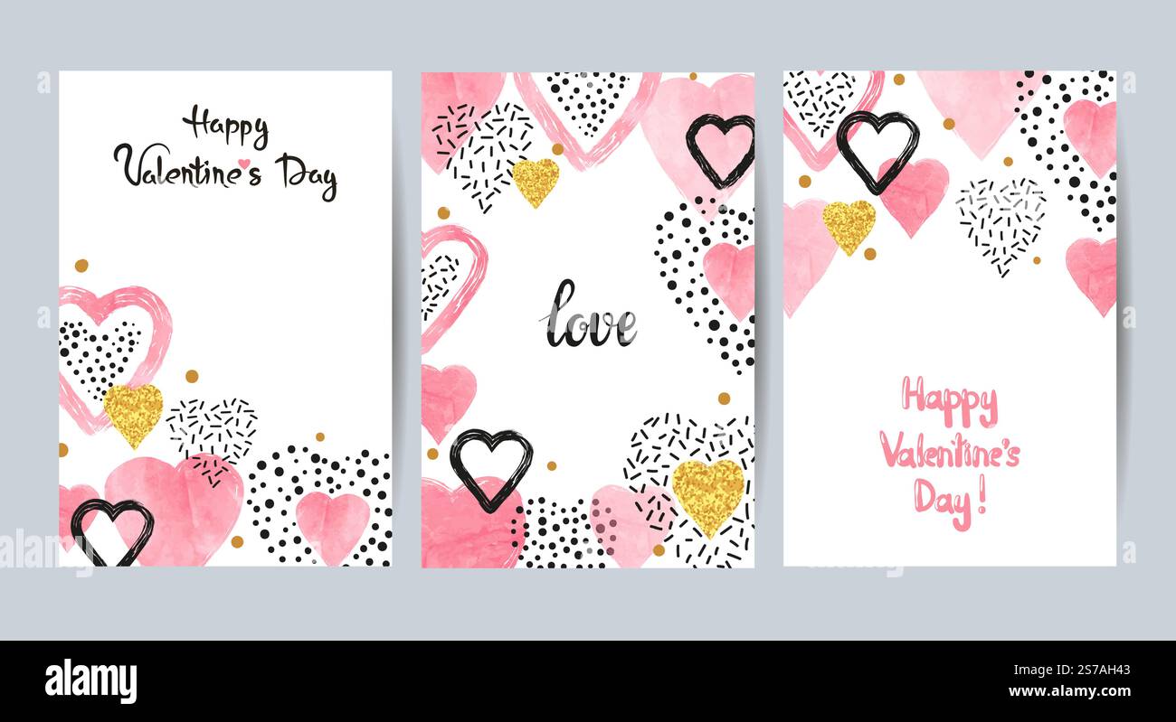 Valentines Day cards set with pink watercolor hearts. Love posters ...
