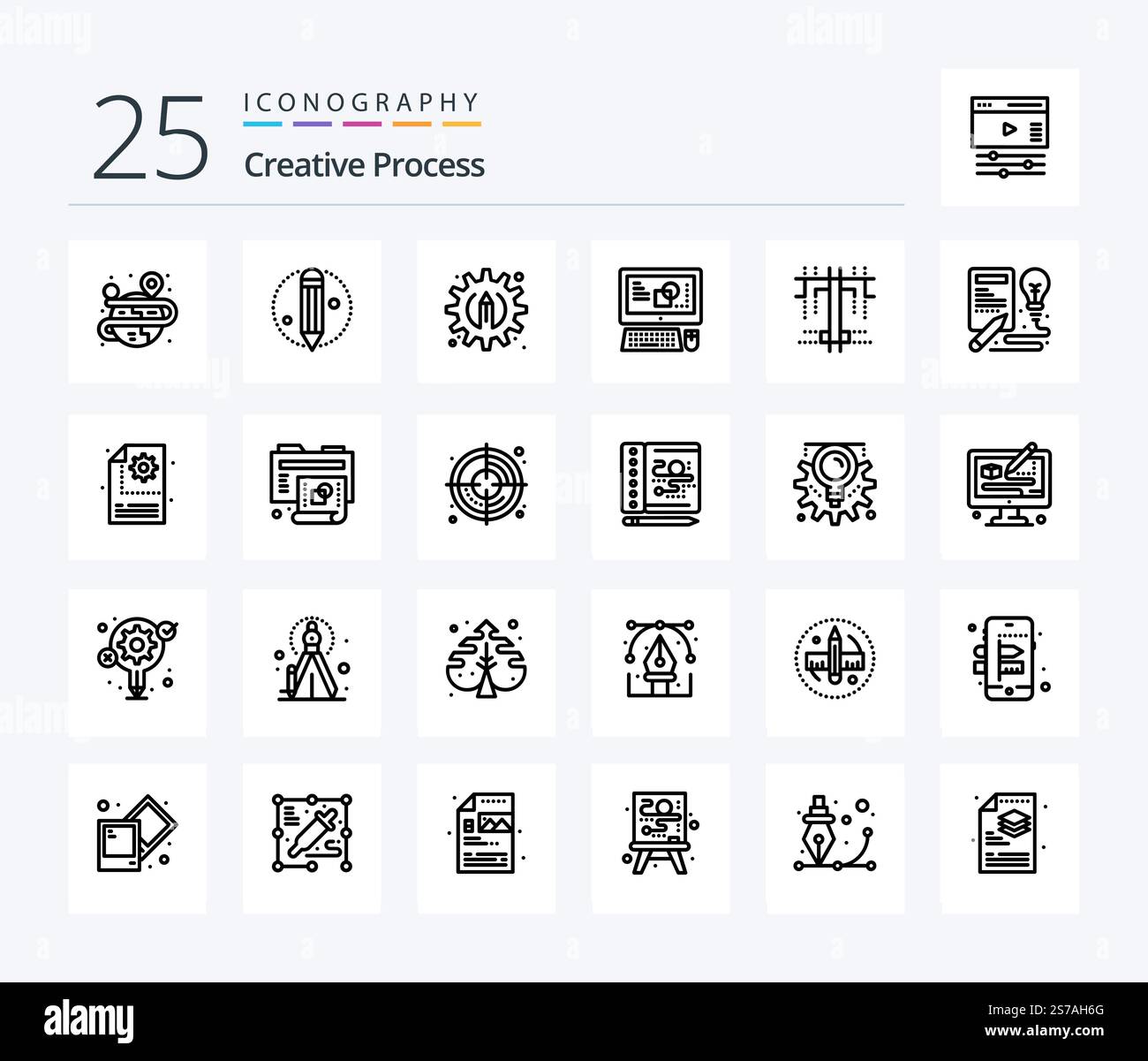 Creative Process 25 Line icon pack including process. idea. key board. book. process Stock ...