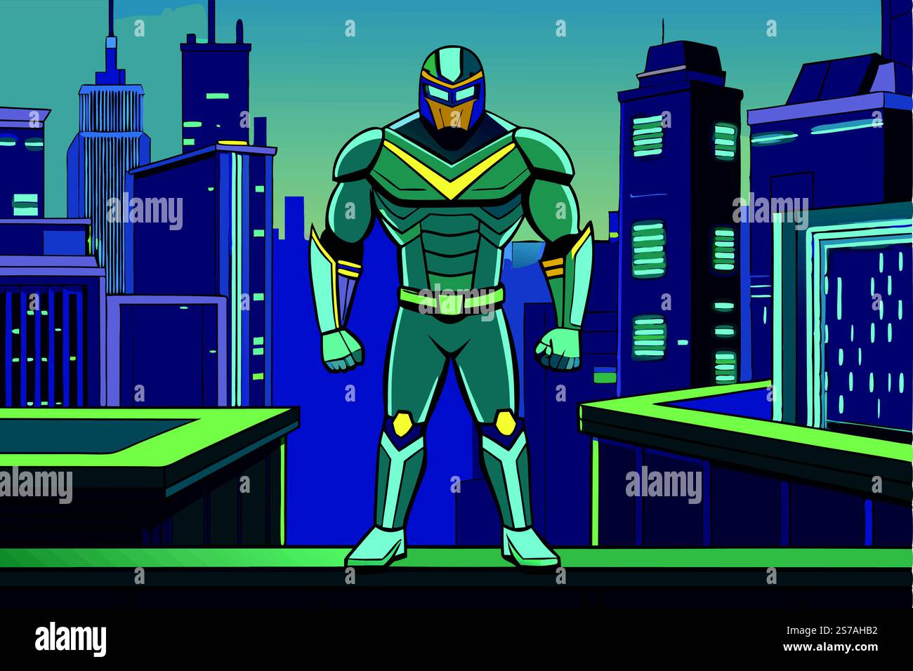 Powerful vigilante superhero in glowing neon armor overlooking a ...