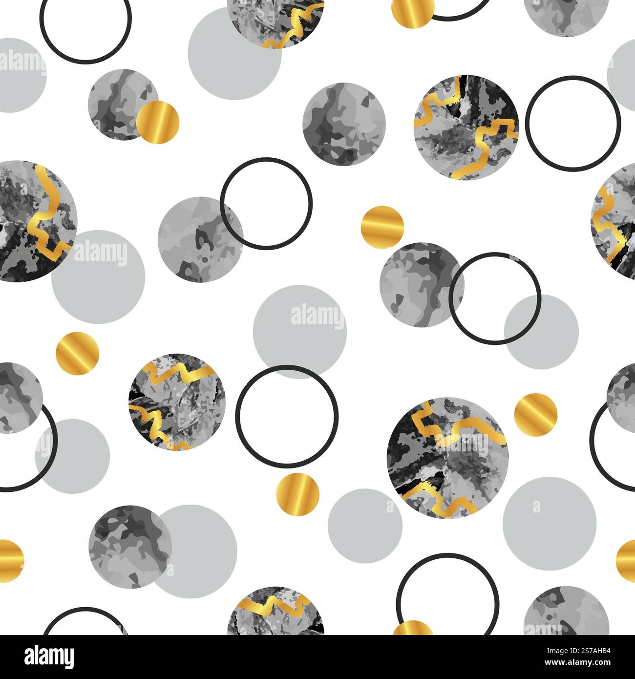 Seamless abstract circles pattern. Polka dot vector background with black and golden round ...