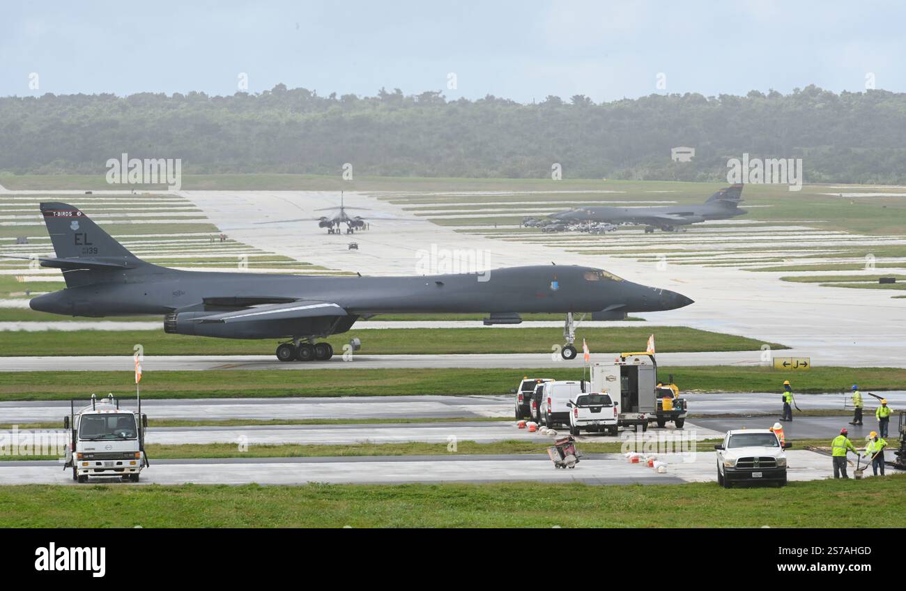 A pair of B-1B Lancers assigned to the 34th Expeditionary Bomb Squadron ...