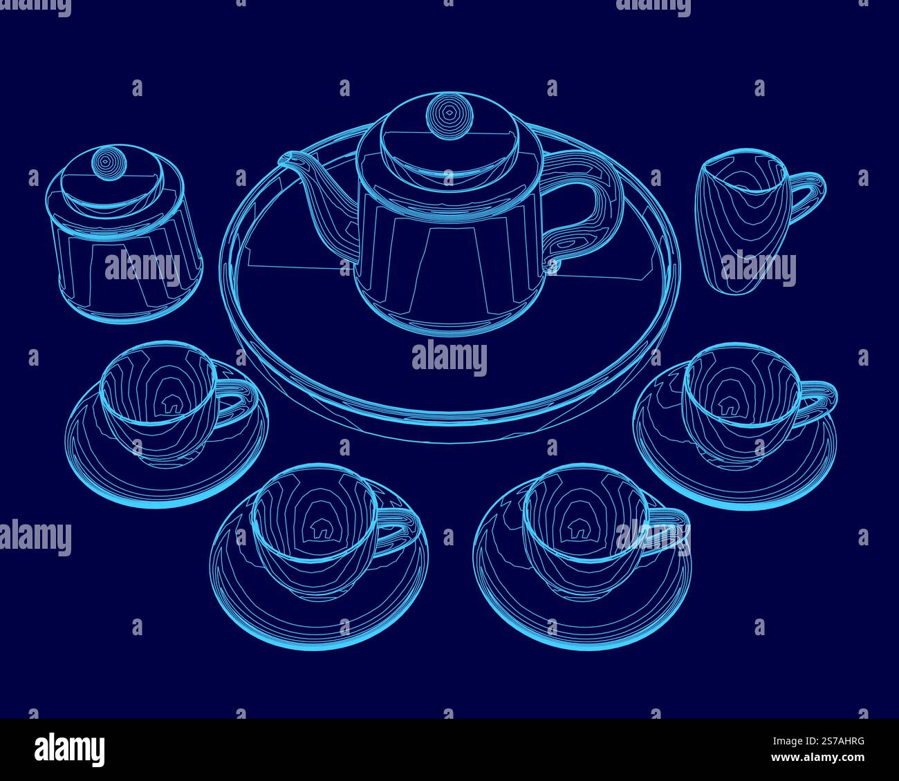 Blue drawing of a tea set with cups and saucers. The cups are arranged ...