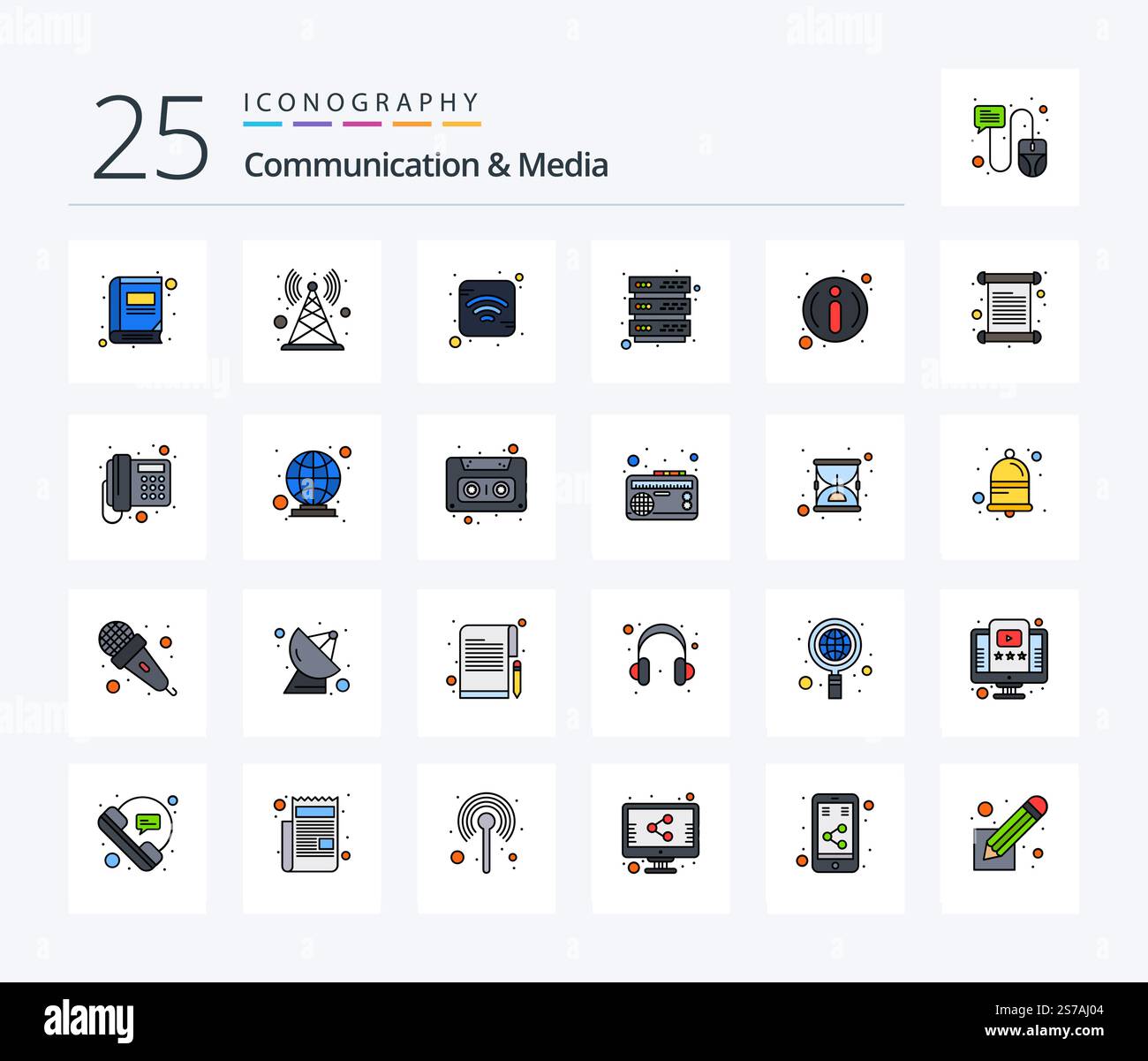Communication And Media 25 Line Filled icon pack including card. info. internet. faq. server ...