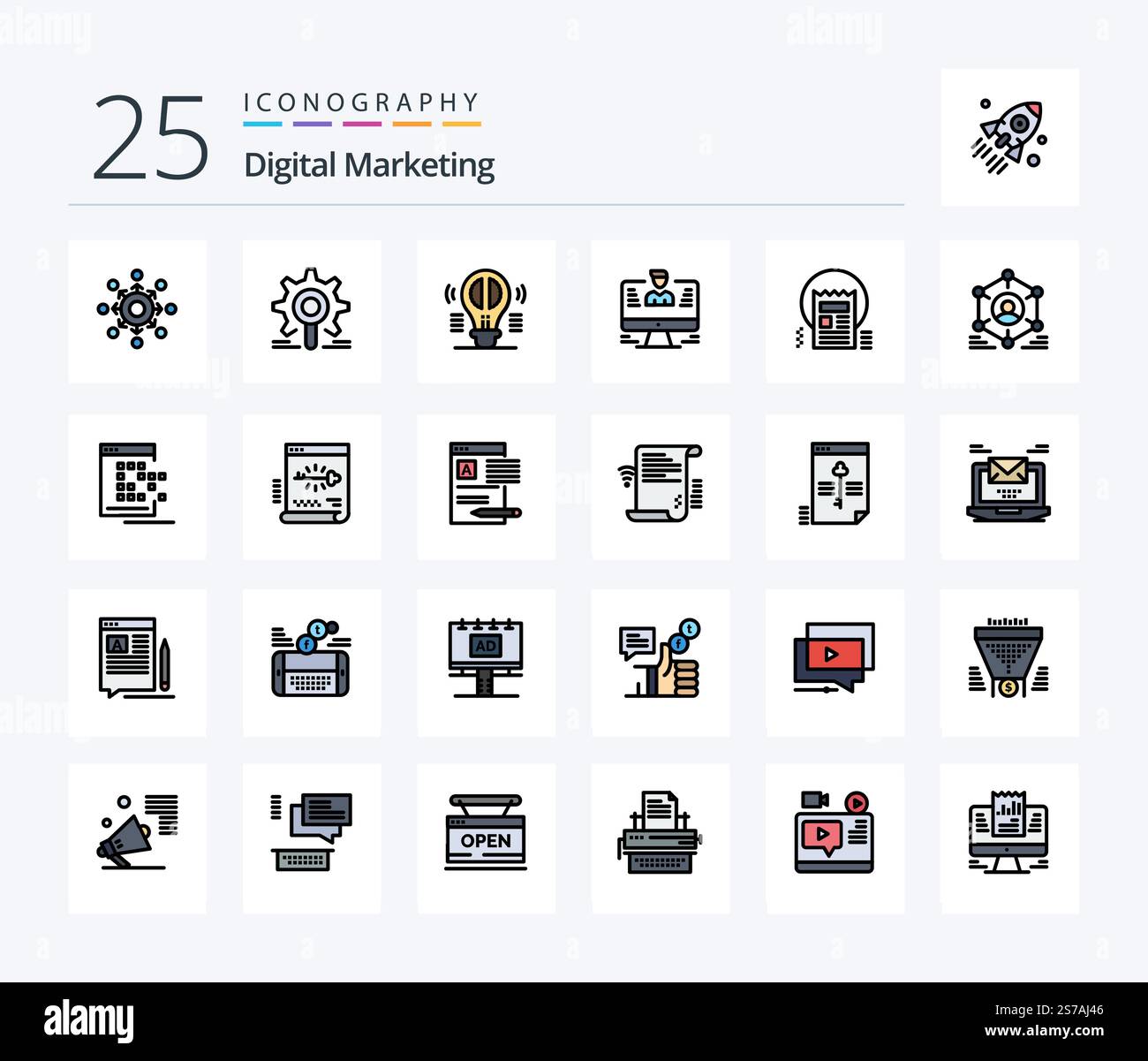 Digital Marketing 25 Line Filled icon pack including data. user. research. thinking. creative ...