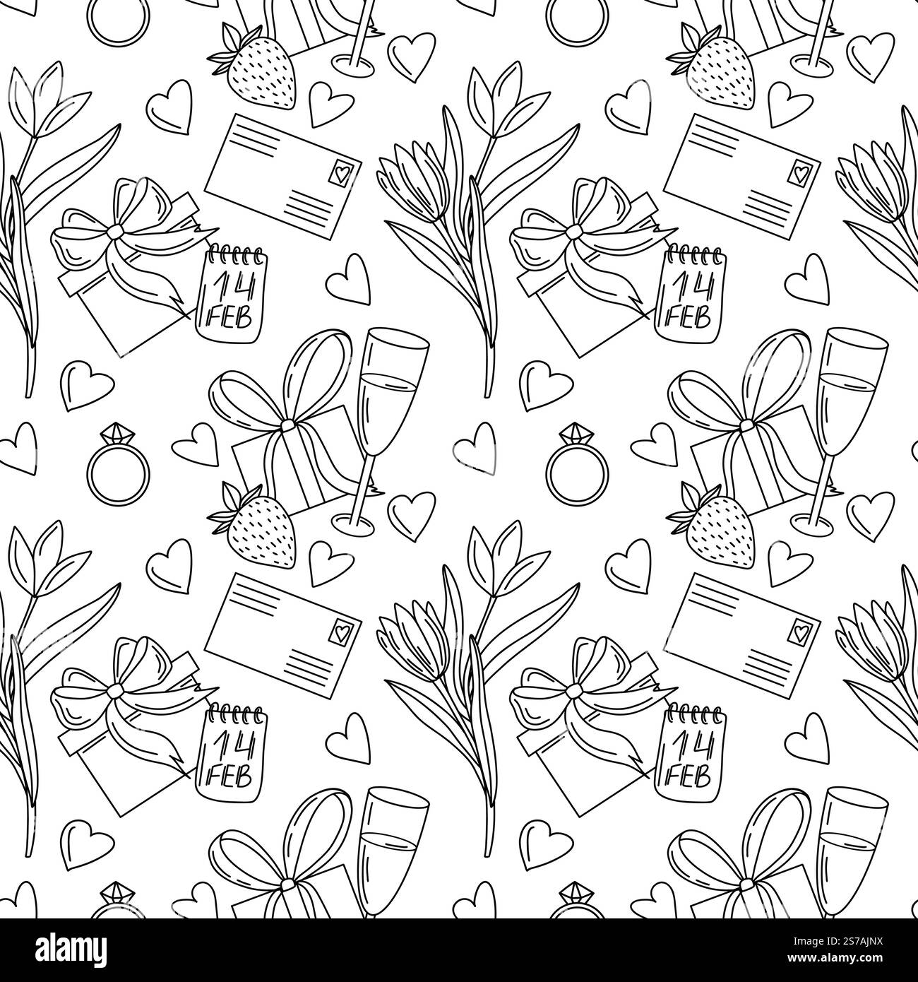 Hand drawn Valentines Day pattern with gifts, flowers, hearts ...