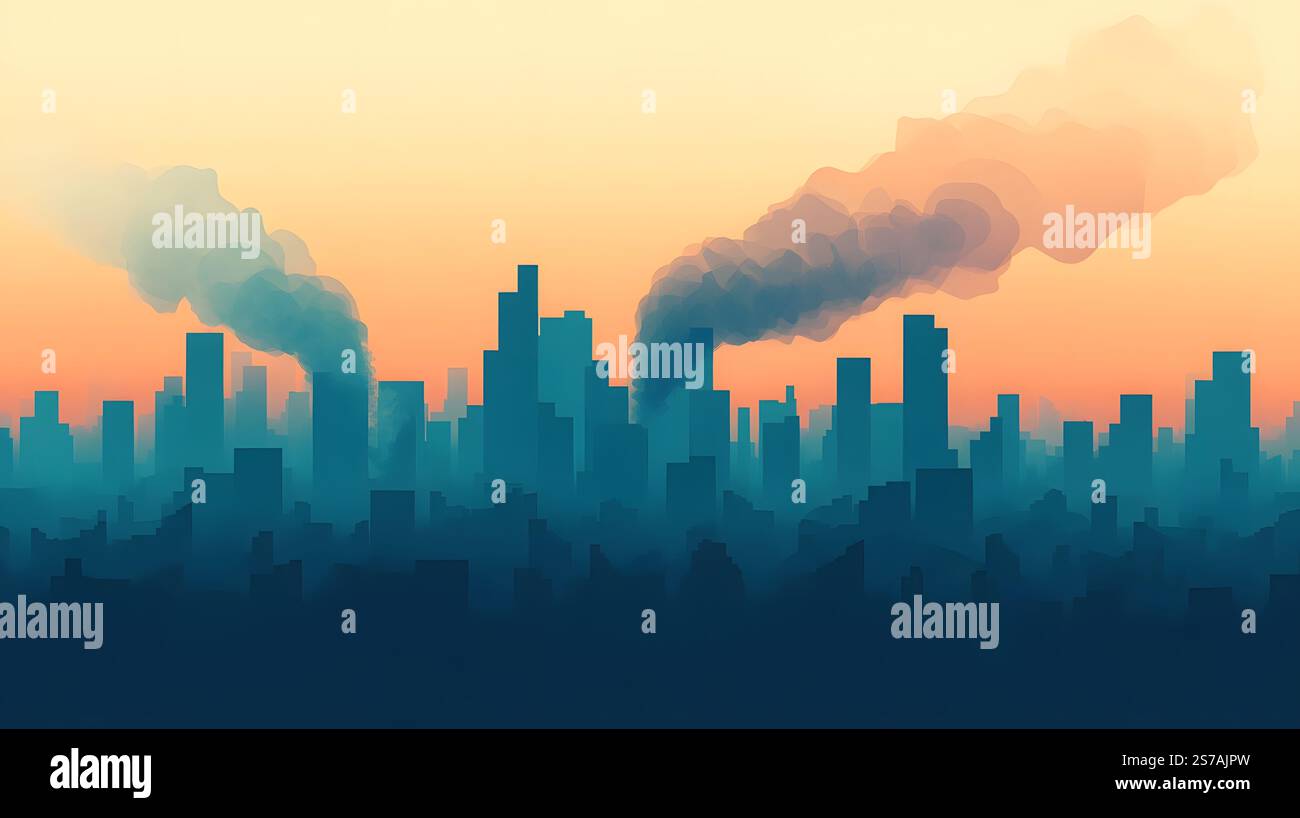 of a dense urban area with pollution swirling upward,forming a visual ...