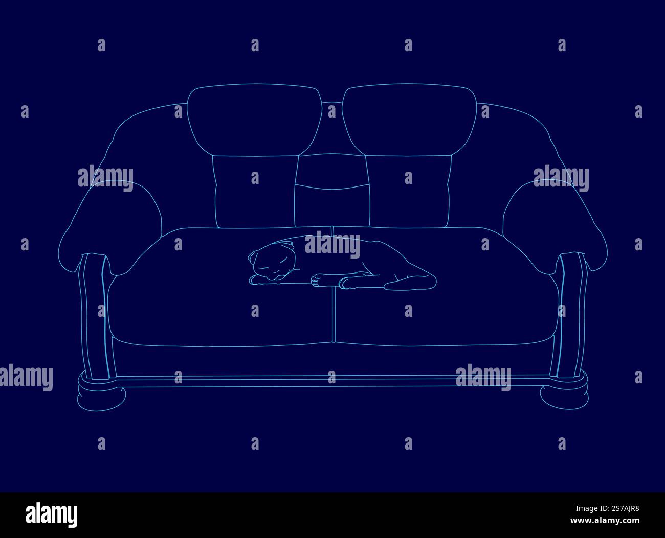 Cat is laying on a couch. The couch is blue and has a pillow on it ...