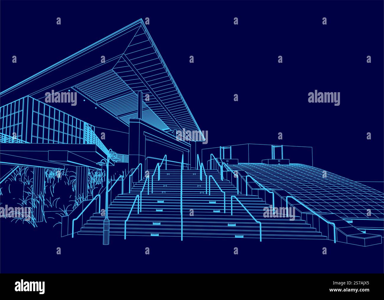 Blue drawing of a building with stairs and a ramp. The building is a ...