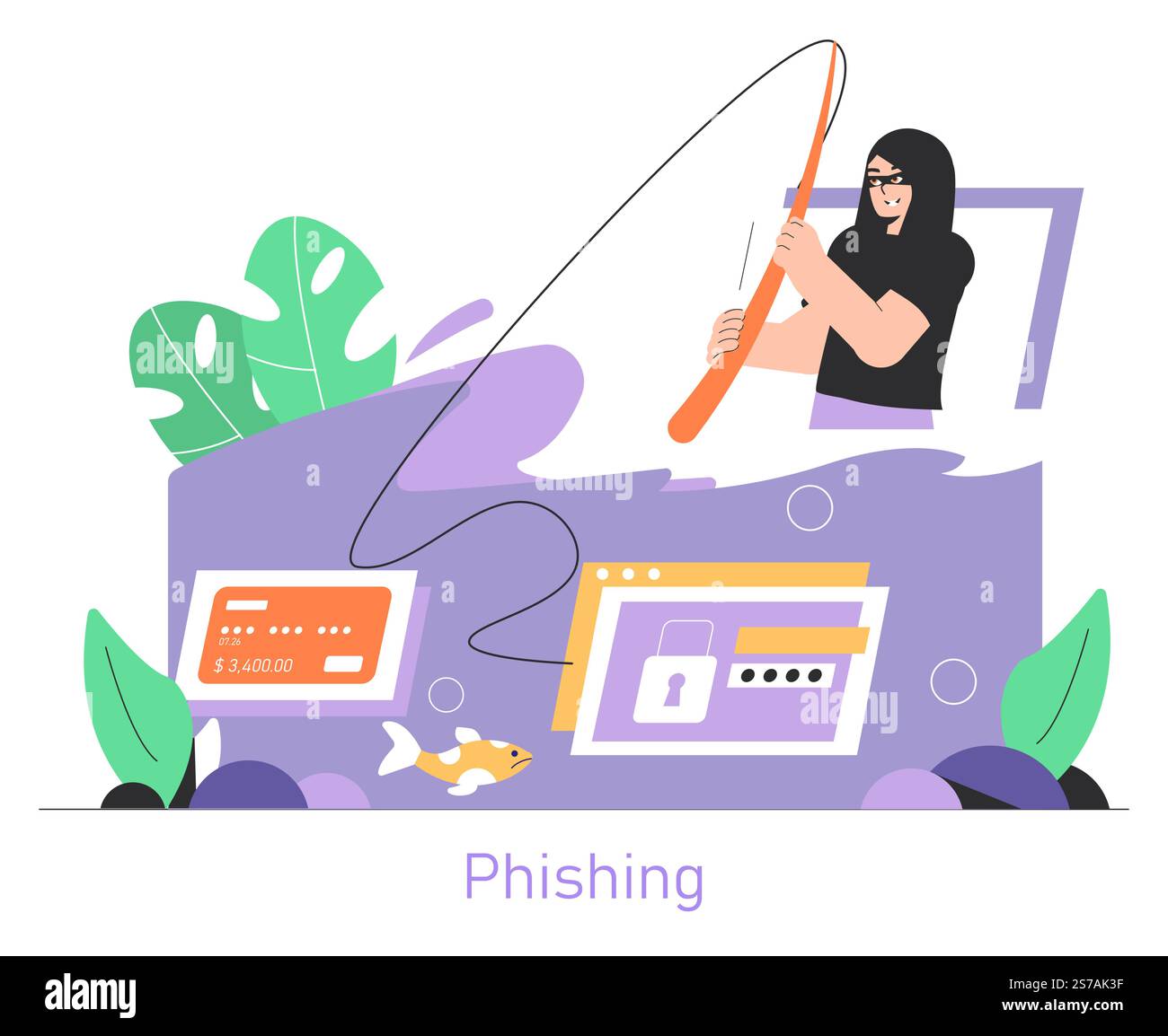 Safety Internet Day concept. Illustration of a cyber thief phishing for ...
