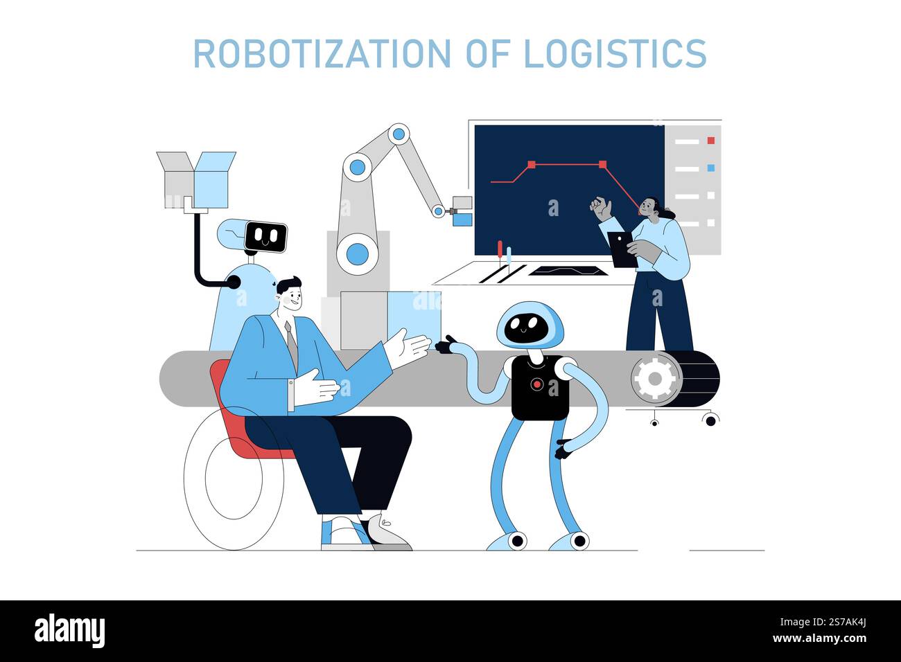 Automation in Logistics concept. Digital transformation in industry with robots assisting humans ...