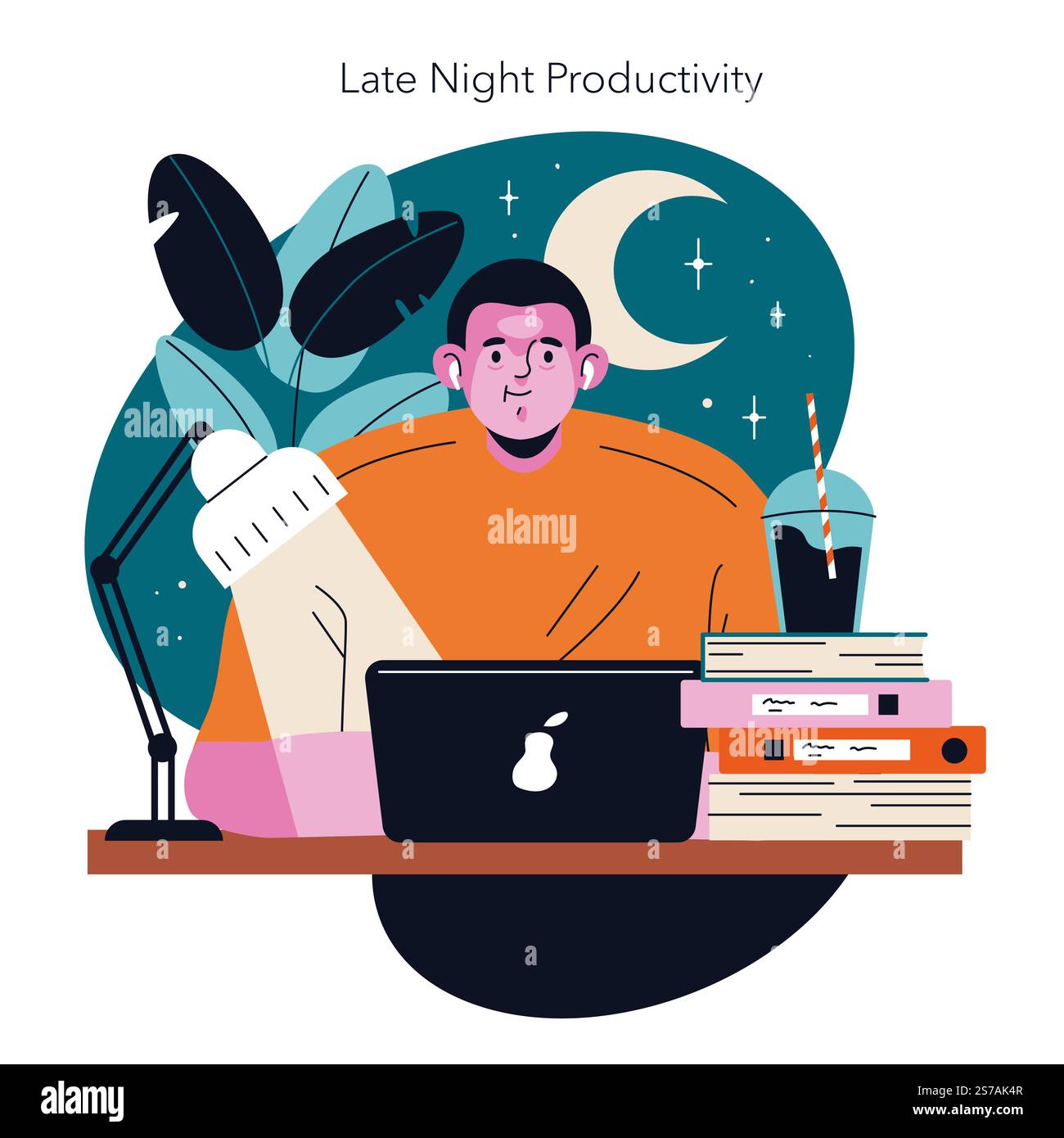 Remote work concept. Individual working late into the night, focused on ...
