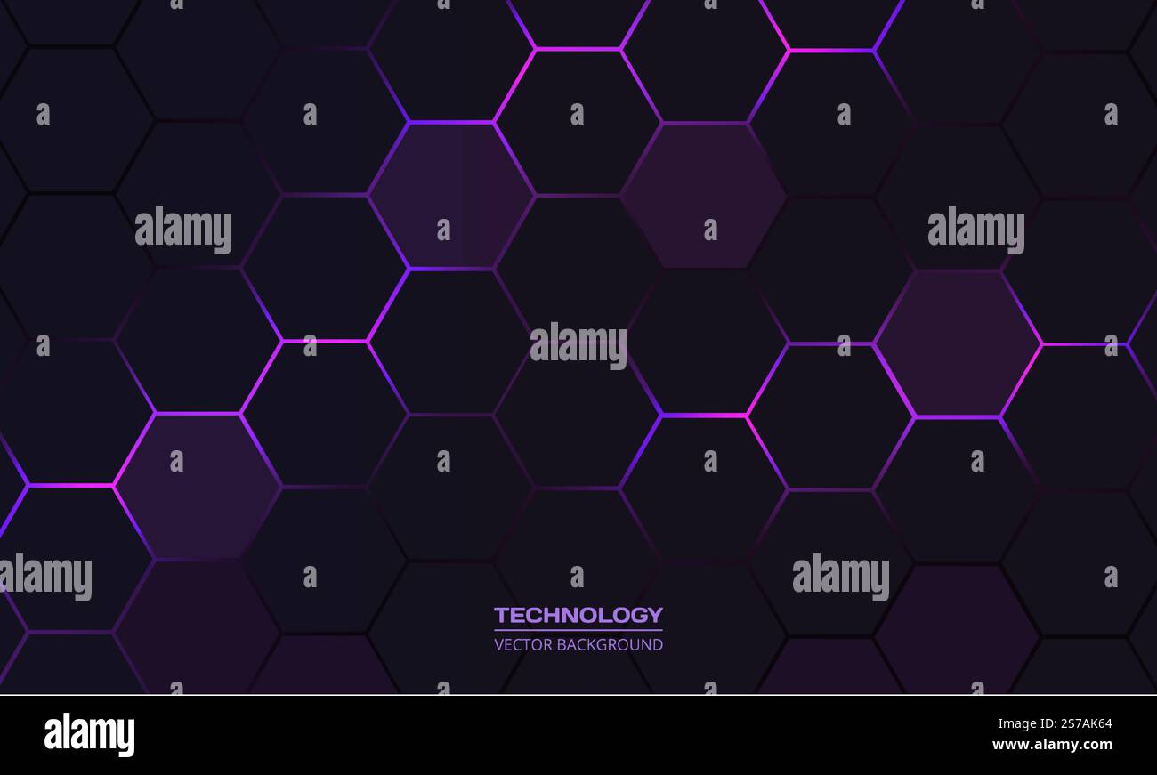 Dark hexagon abstract technology background with purple and pink colored bright flashes under ...
