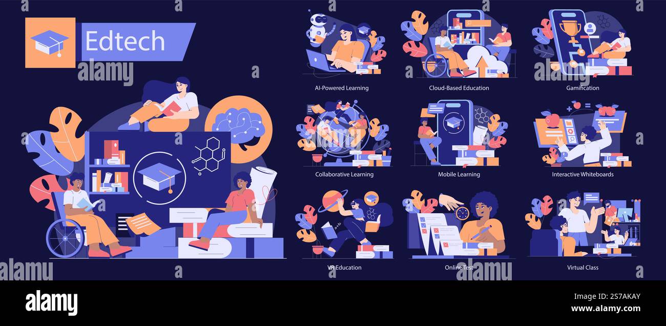 Edtech set. Illustration of technology-enhanced learning with AI, VR ... Edtech set. Illustration of technology-enhanced learning with AI, VR ...