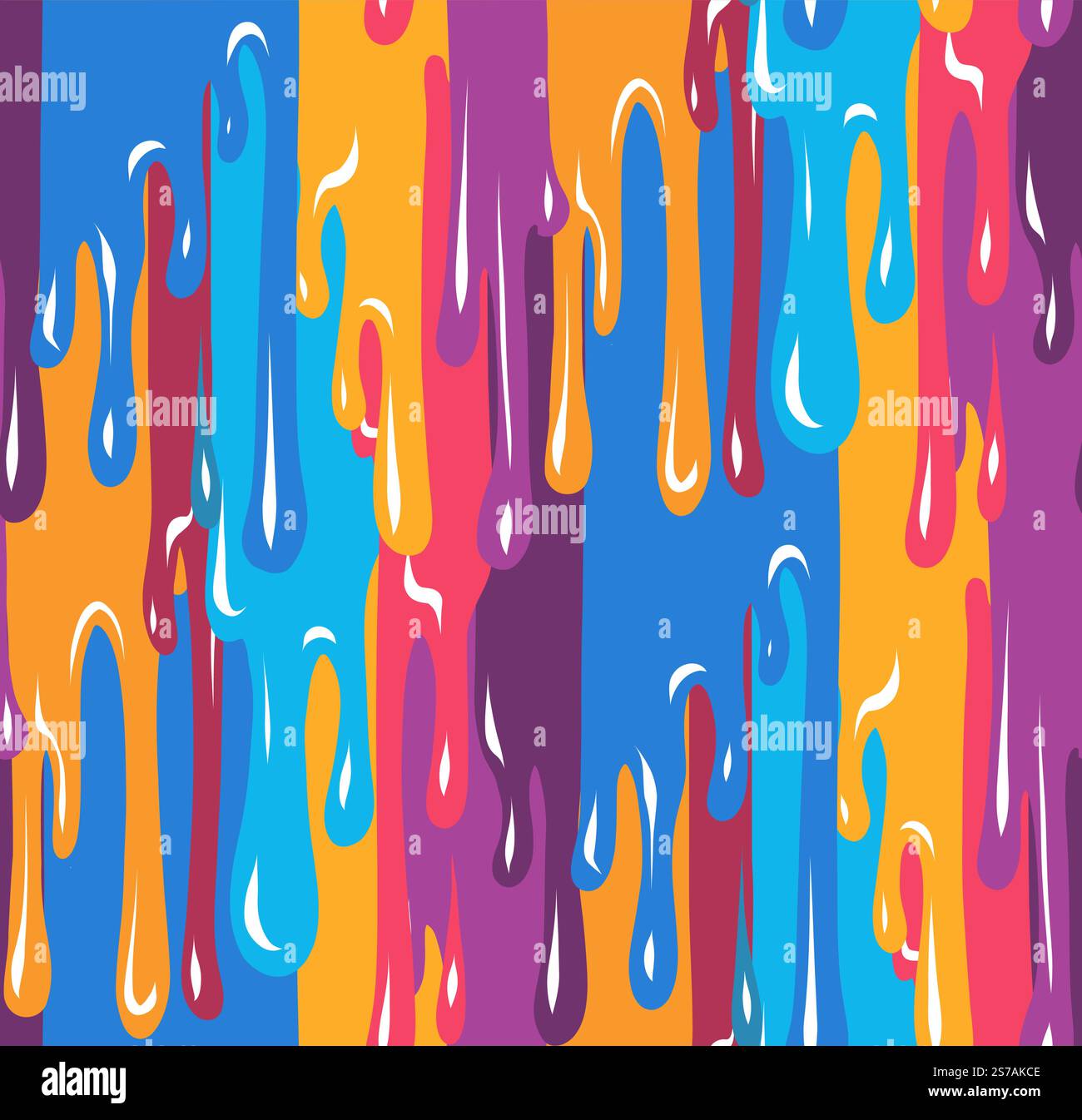 Vector seamless pattern with colorful paint drips flows down. Bright childish texture with dye ...