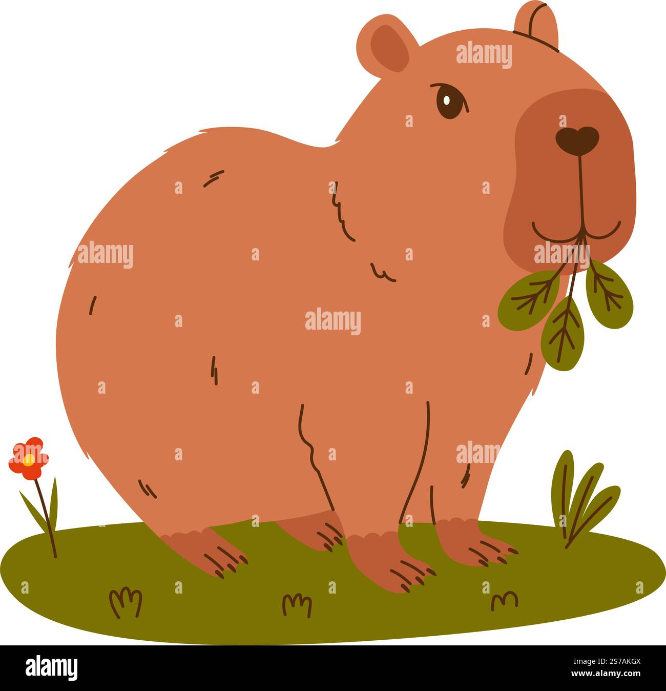 Funny capybara. Exotic rodent eating leaves. Hand drawn vector ...