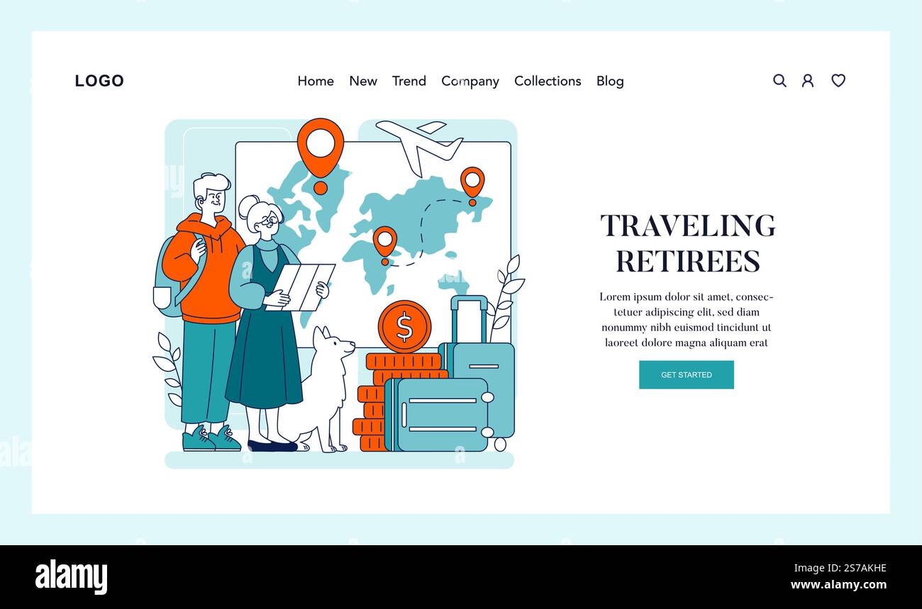 Retirement travel concept. Senior couple with dog planning a world tour ...