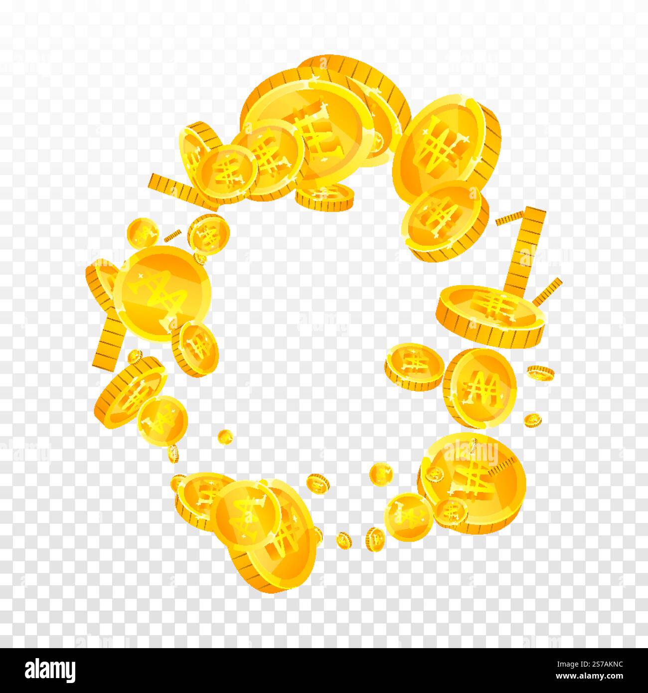 Korean won coins falling. Scattered gold WON coins. Korea money ...
