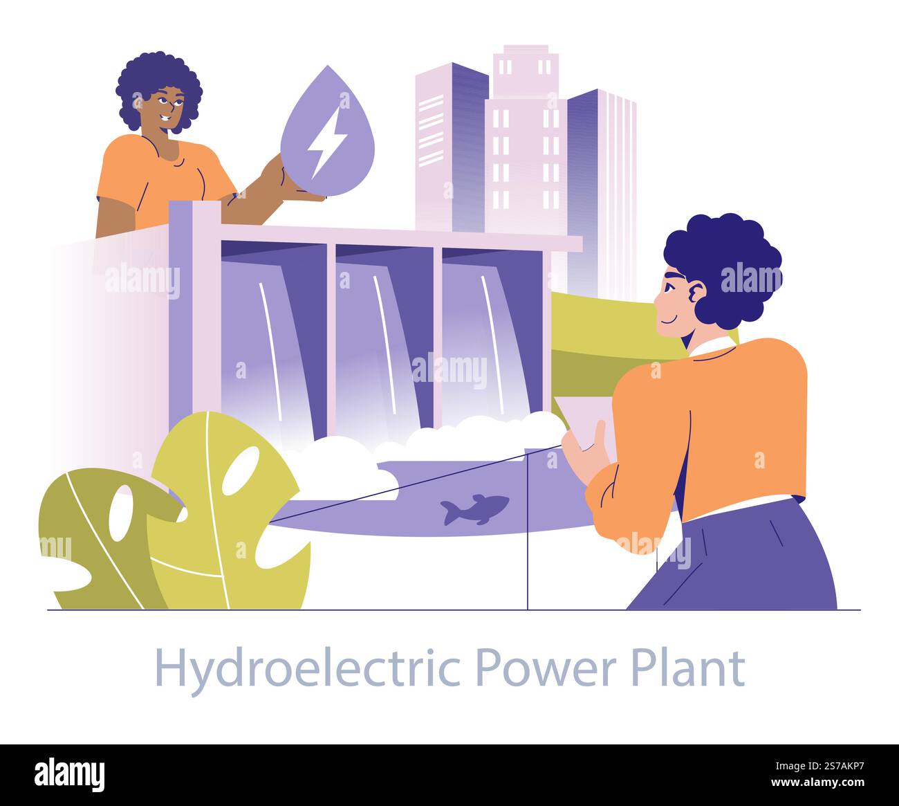 Renewable energy concept. Illustration of a hydroelectric power plant ...